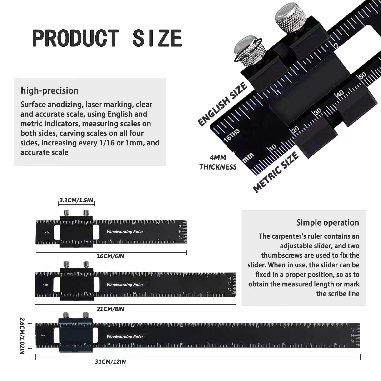 Snapklik.com : Kingson Woodworking Ruler, 3Pcs Precision Pocket Ruler ...