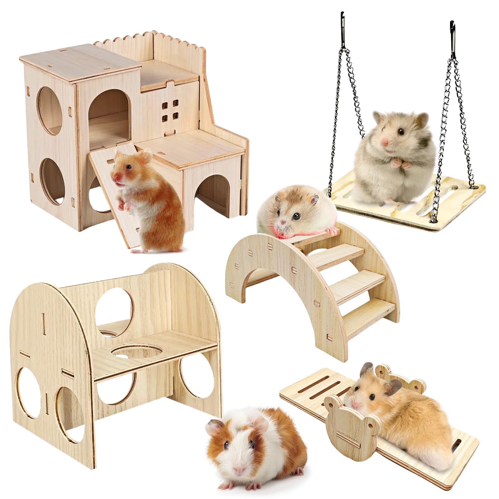 PRITOK Wooden Hamster Toy Set: 5 Pieces Hamster Wooden Toys Including ...