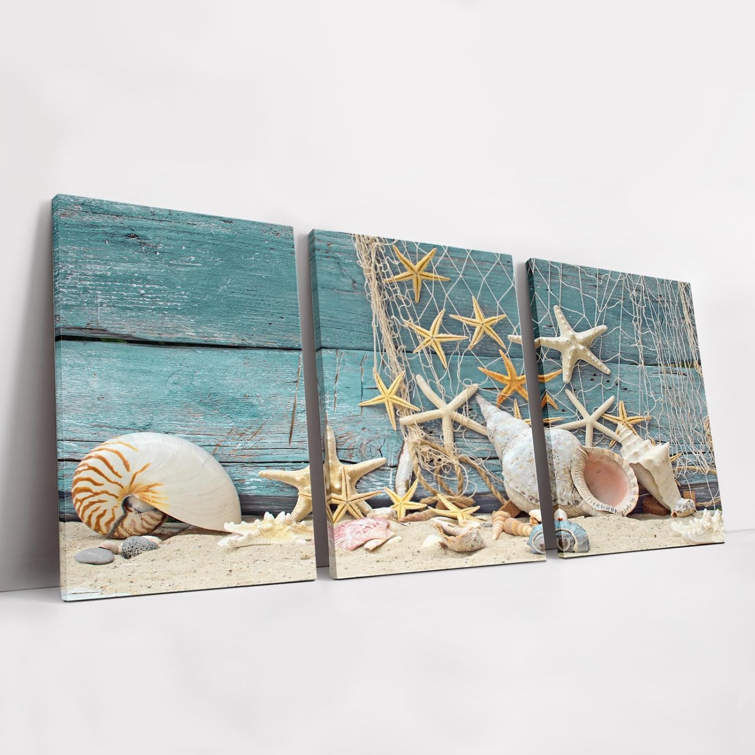 Amazon.com: Bathroom Decor Wall Art 3PCS Blue Ocean Theme Seashells ...