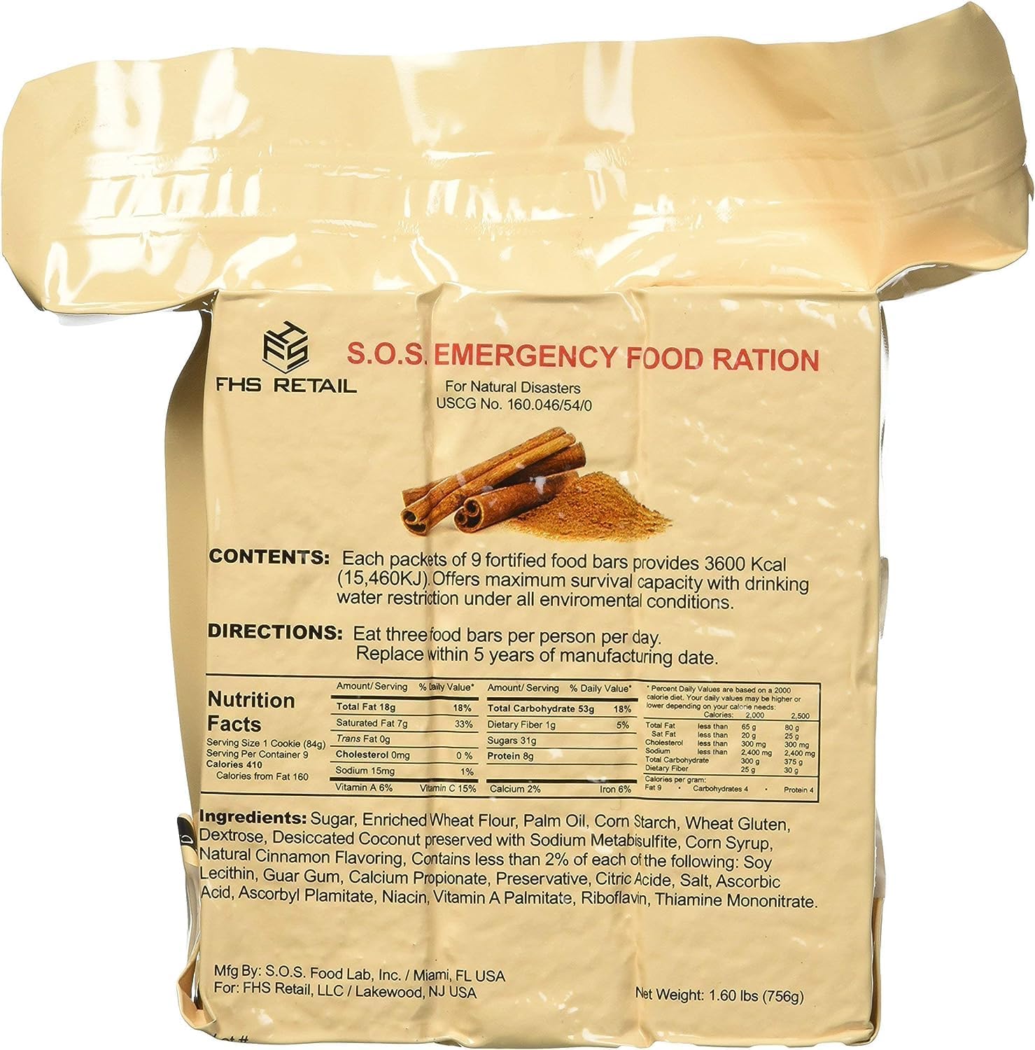 SOS Food Rations Emergency 3600 Calories Cinnamon Flavor Food Bar - 3 ...