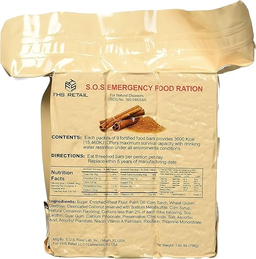 SOS Food Rations Emergency 3600 Calories Cinnamon Flavor Food Bar - 3 ...