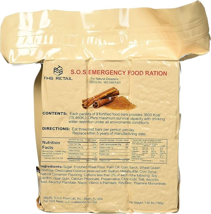 SOS Food Rations Emergency 3600 Calories Cinnamon Flavor Food Bar - 3 ...