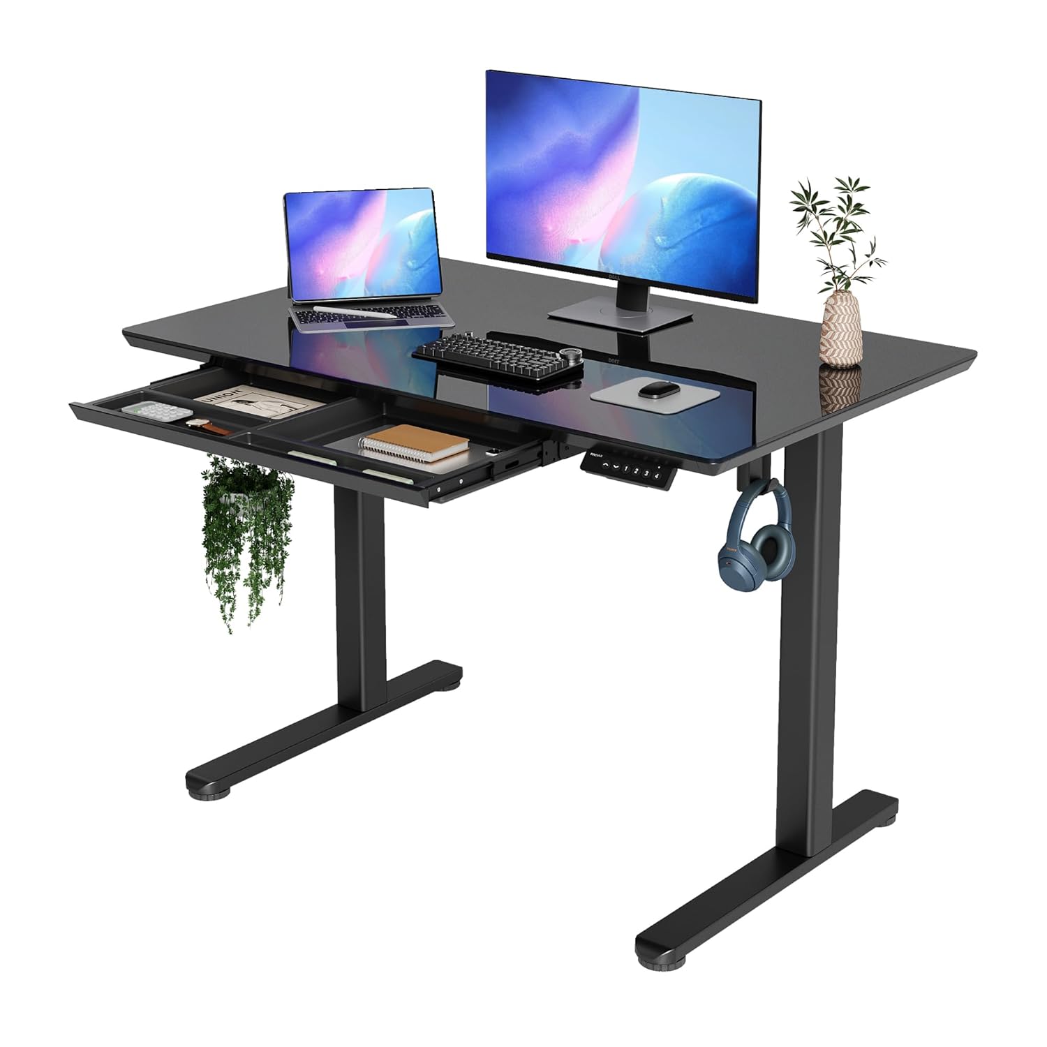 INNOVAR Glass Standing Desk with Drawers, 40×24 Inch Adjustable Stand Up Desk Quick Install Home ...