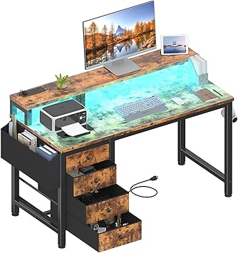 Amazon.com: Lufeiya Reversible Gaming Desk with LED Lights and Power Outlets, 47 inch Home ...