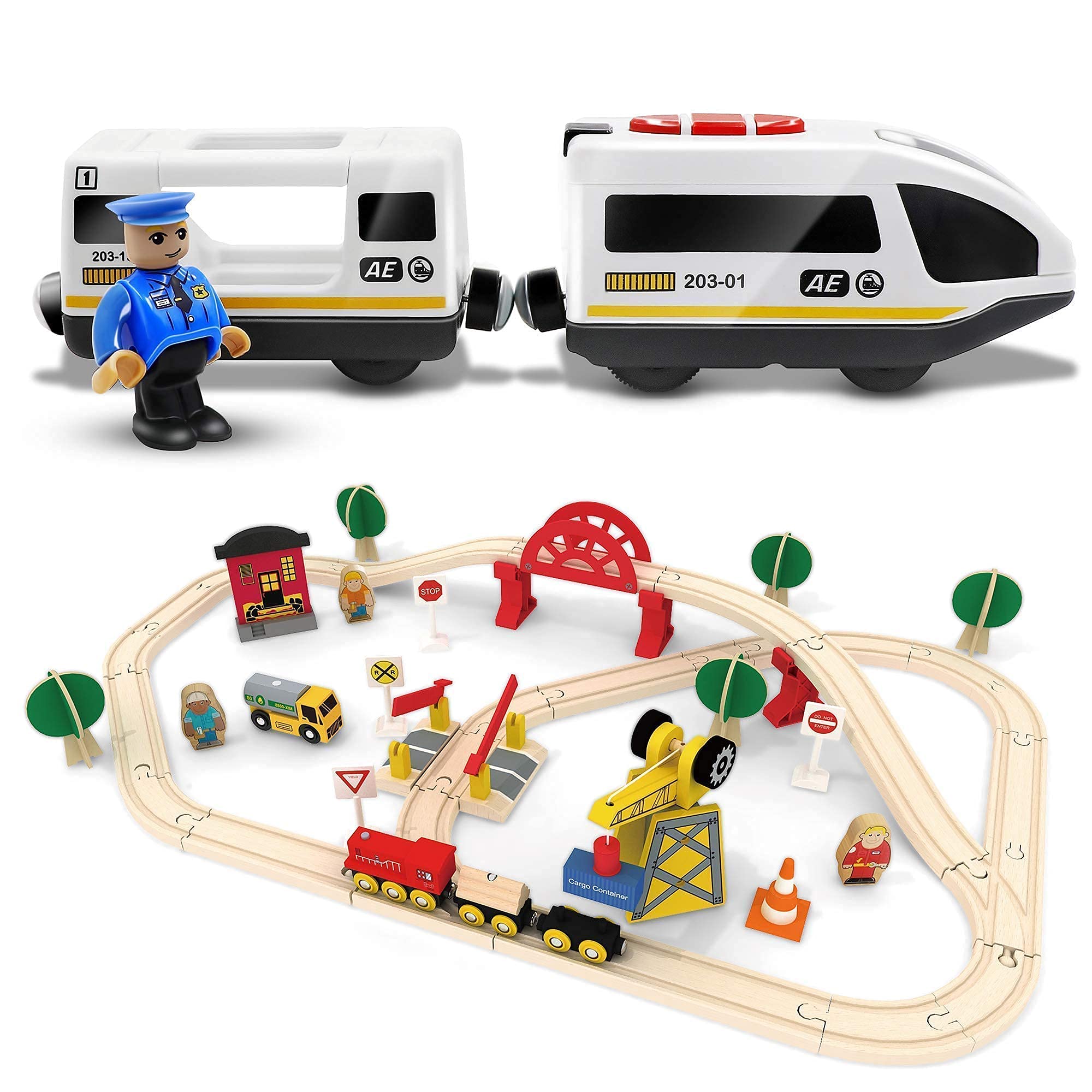 Buy 60Pcs Wooden Train Set +Battery Operated Action Locomotive Train ...