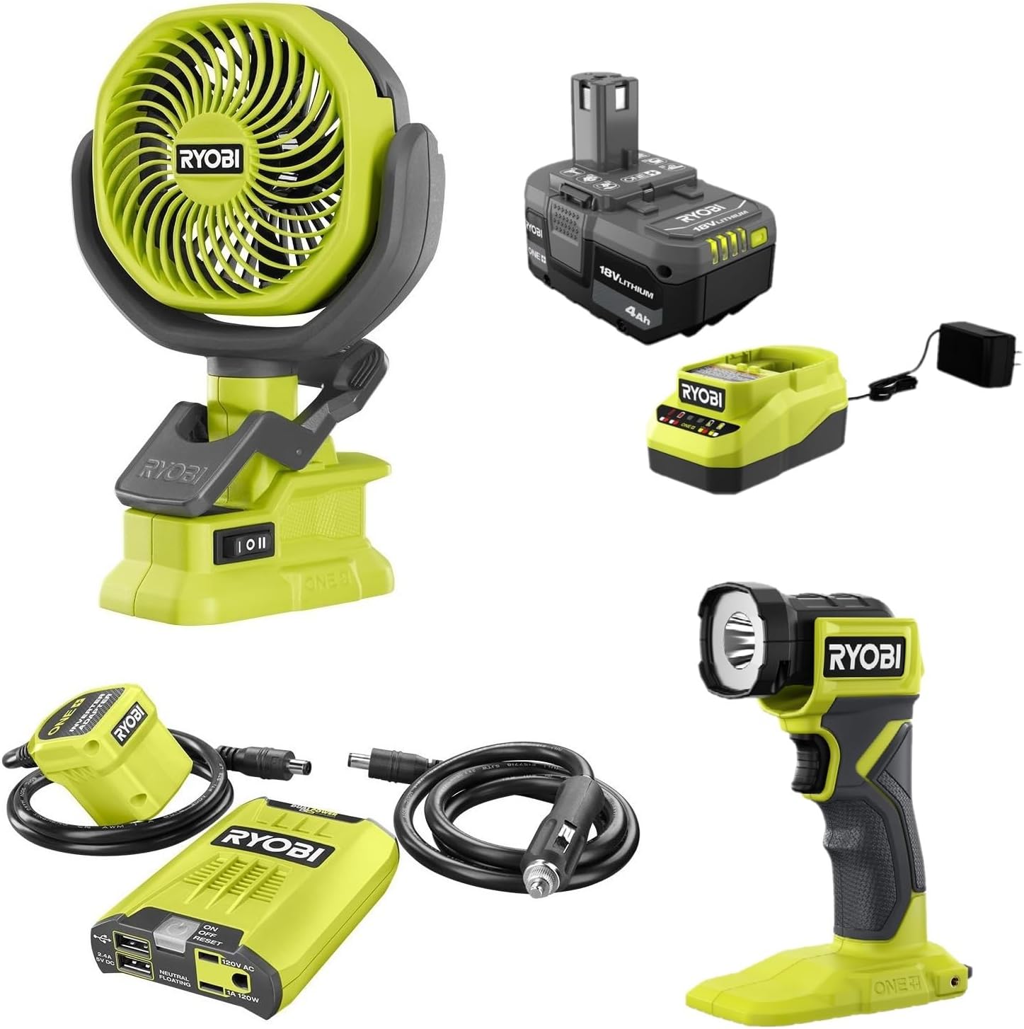Amazon.com: Ryobi 18-Volt Camping Kit - with Clamp Fan, Flashlight ...