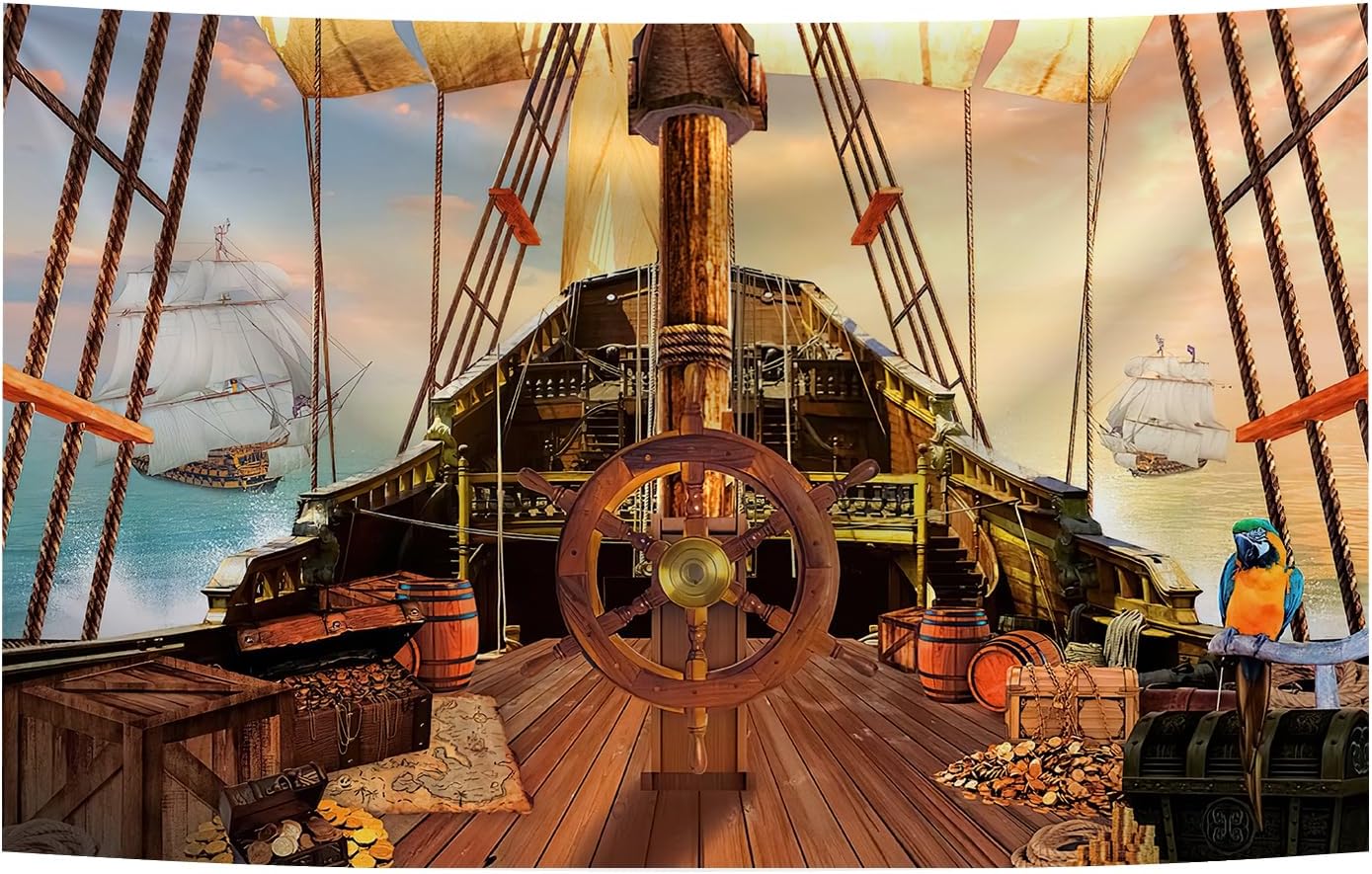 Amazon.com : 7X5FT Fabric Vintage Pirate Ship Backdrop Wooden Rudder ...