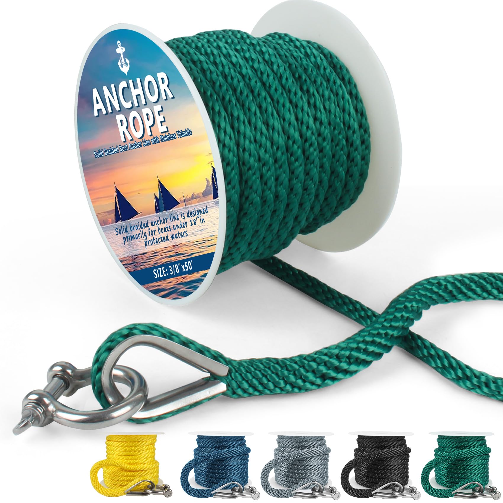 Anchor Rope Premium 50 Ft X 3/8 Inch, Solid Braid MFP Anchor Line Boat ...