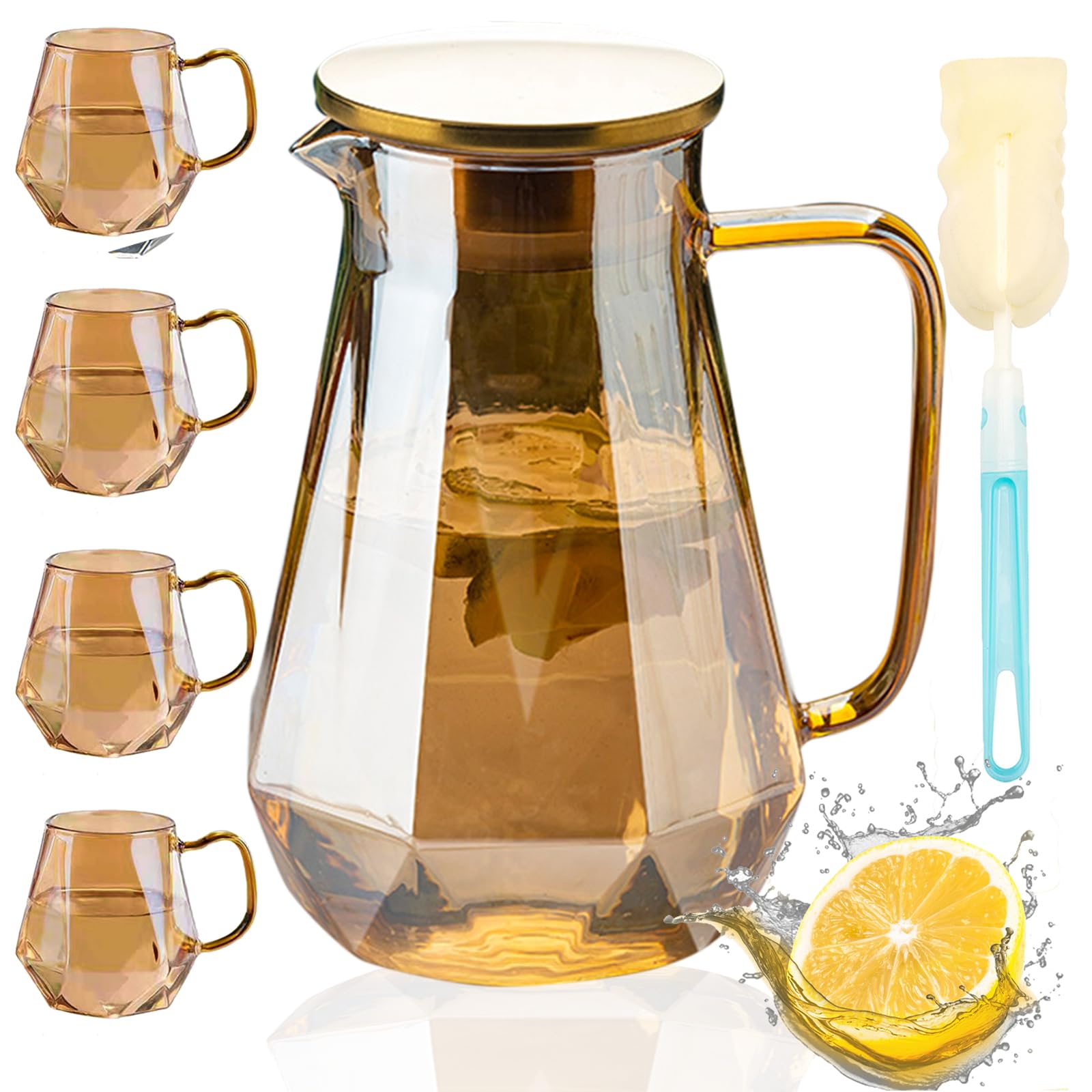 Glass Pitcher Glass Cups set,53oz/1.5 Liter Water jug with Lid, Hot ...
