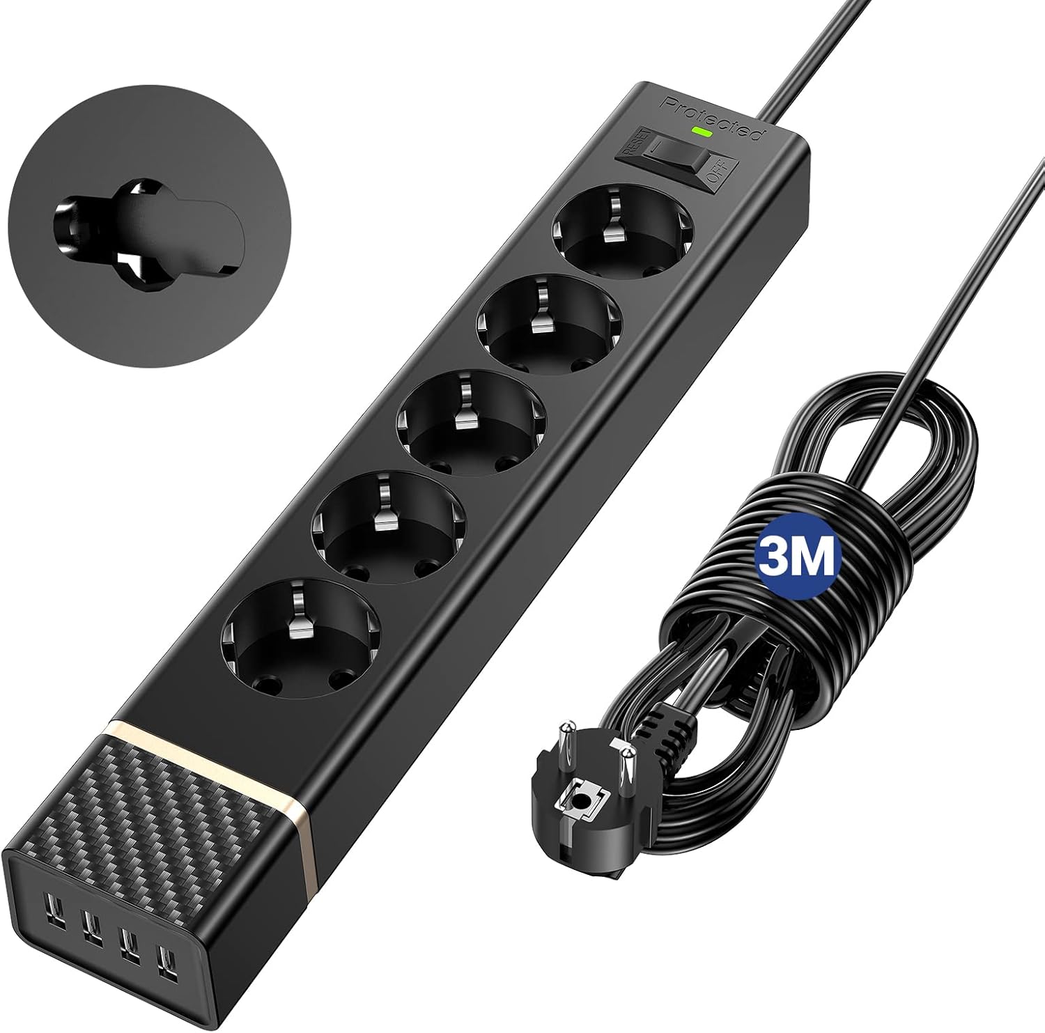 5 Fach Steckdosenleiste Überspannungsschutz 3M Kabel, Steckdosenleiste ...