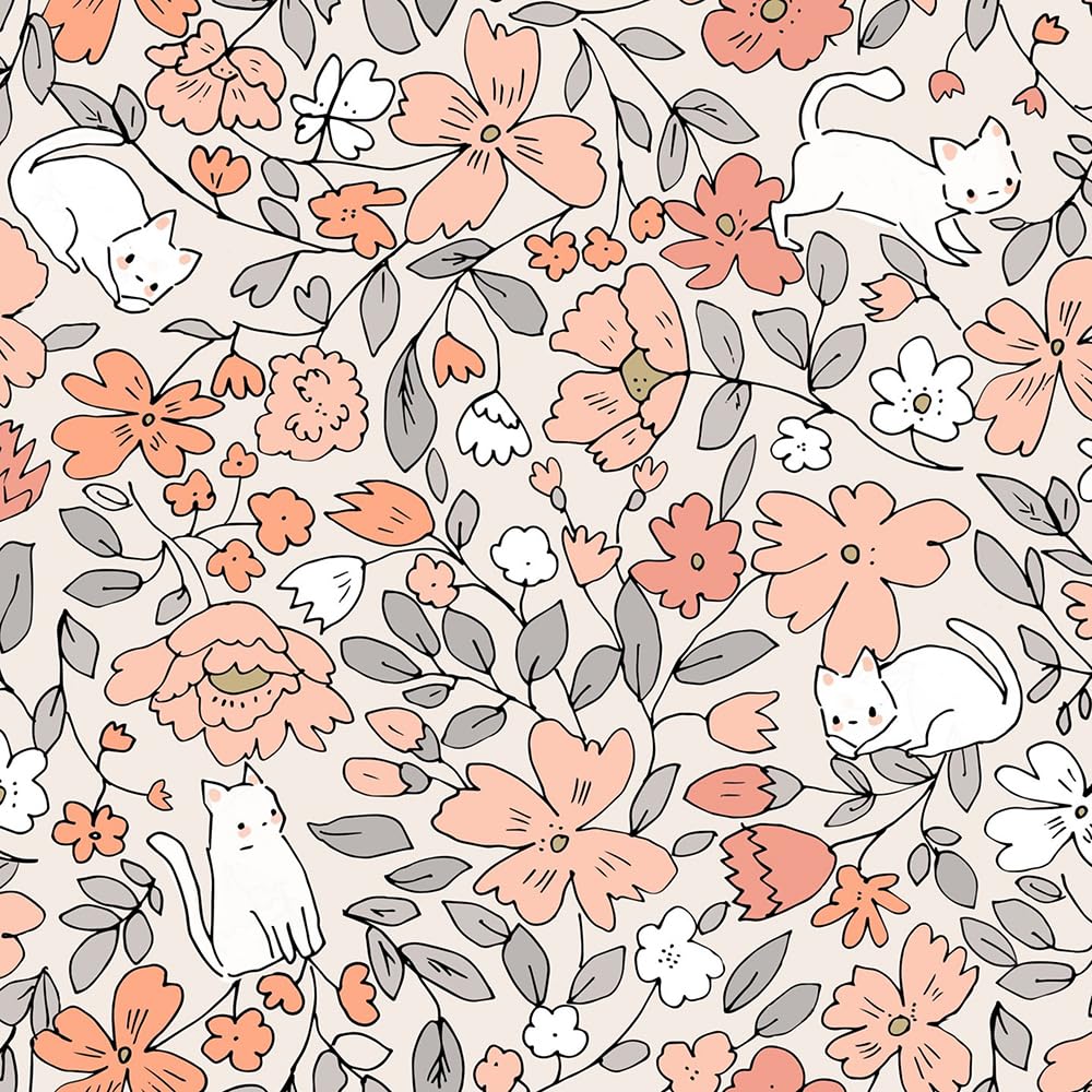 HEISIG 18"x236" Boho Cat Animal Orange Flower Peel and Stick Wallpaper ...