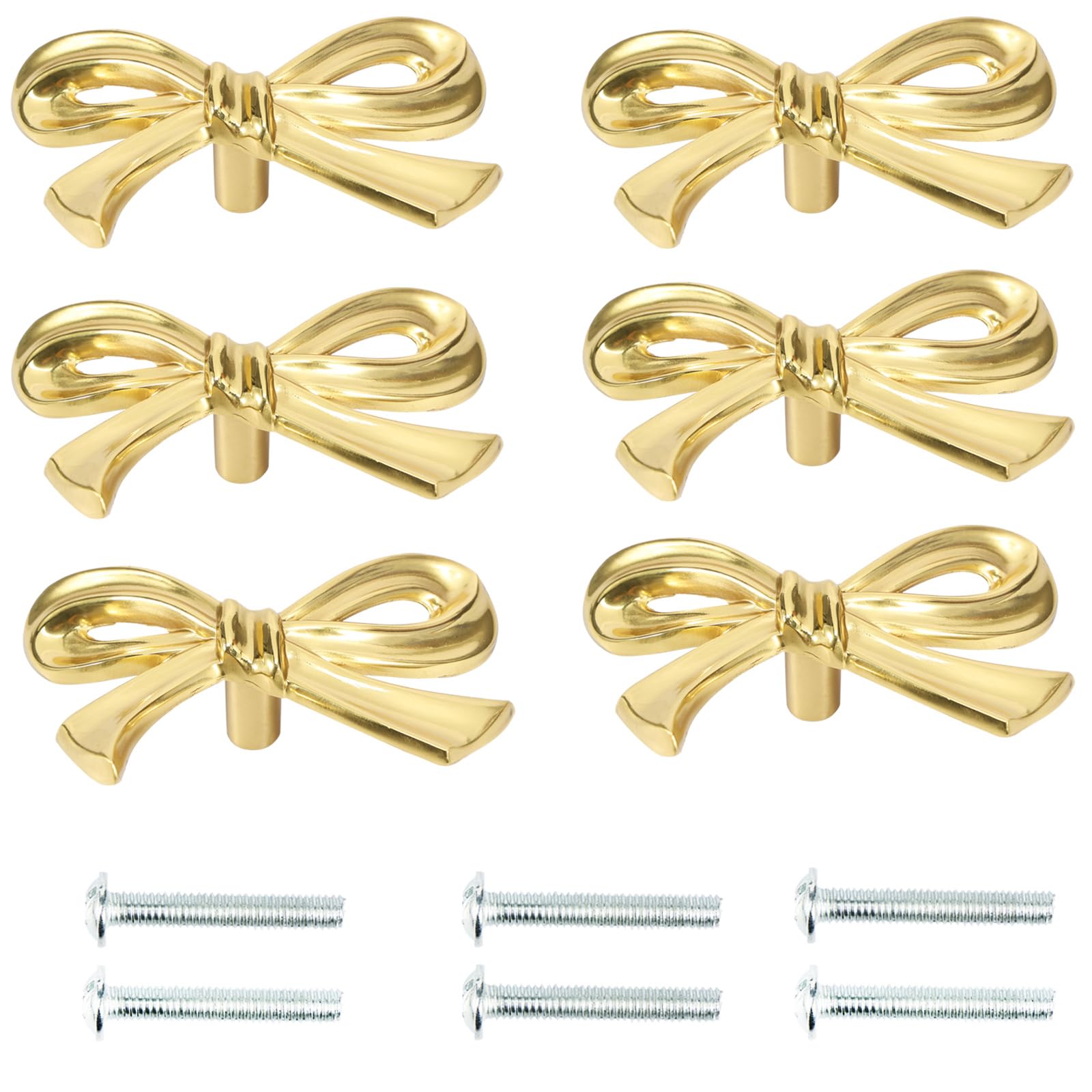 6 Pack Bow Drawer Knobs, Gold Solid Brass Bow Cabinet Knobs, Compact ...