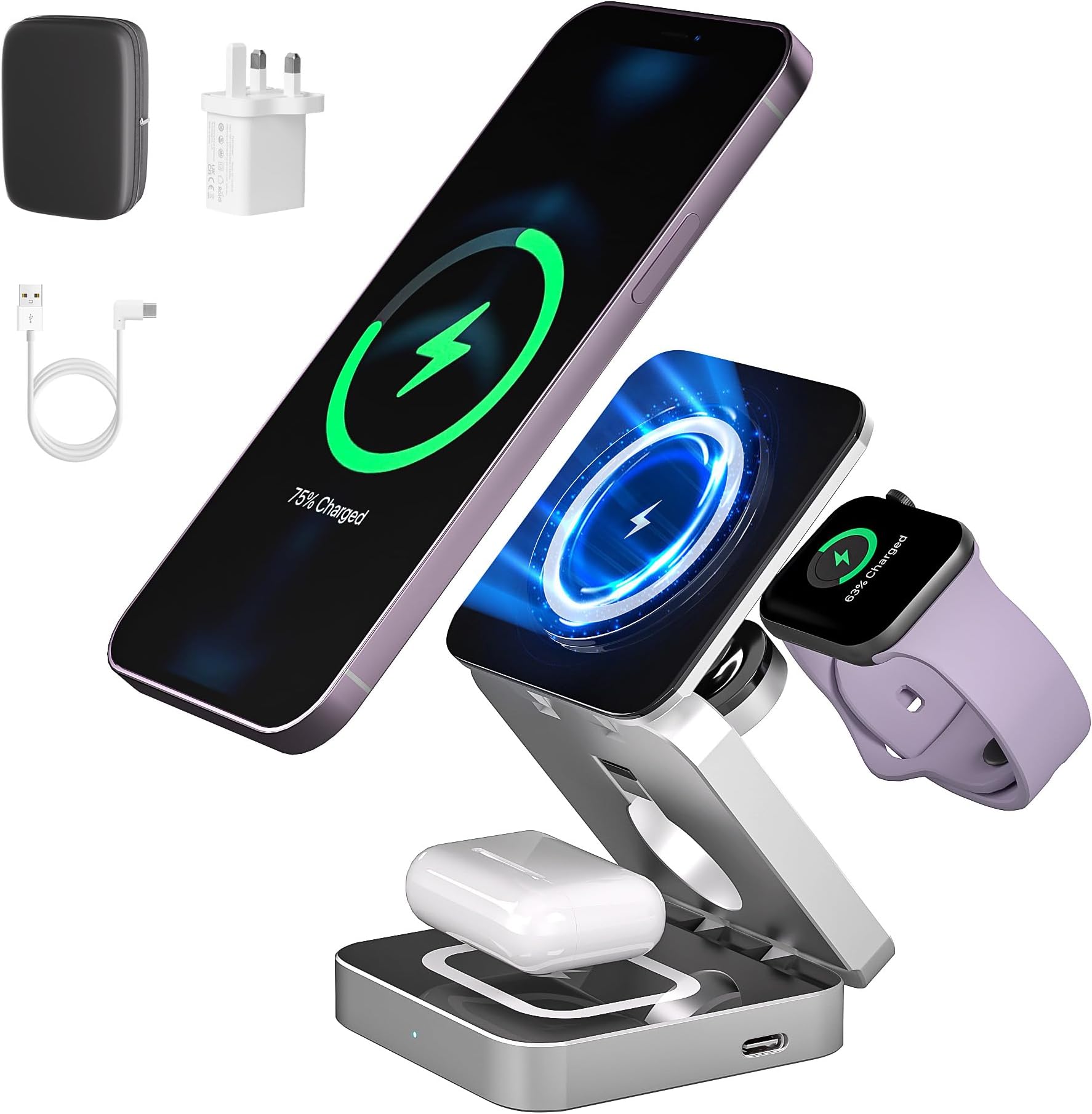 Kuject 3 in 1 Wireless Charging Station for iPhone, Adjustable Magnetic ...