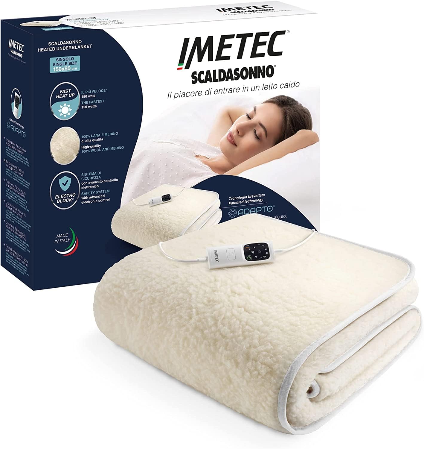 Imetec Surmatelas Chauffant 1 Place 100% Laine et Mérinos, 150 x 80 cm ...
