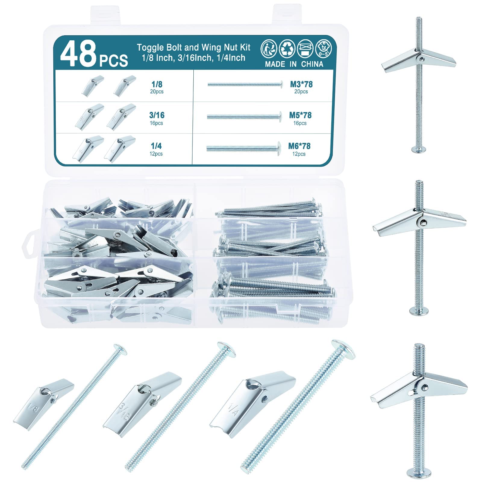 HSEAMALL 48PCS M3 M5 M6 Toggle Bolt and Wing Nut Set for Plasterboard ...