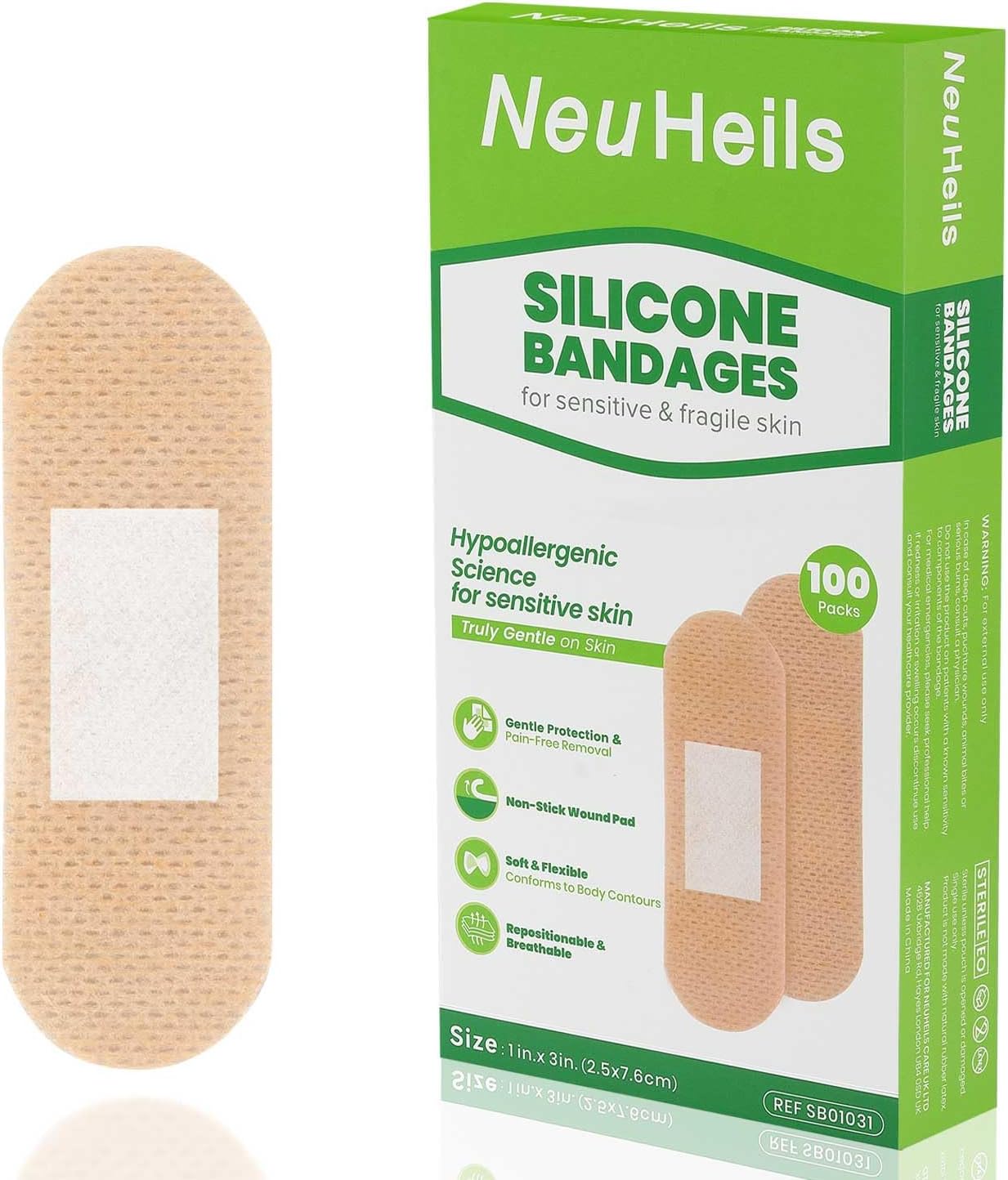 Amazon.com: NeuHeils Silicone Bandages for Sensitive Skin 1''x3'' (100 ...