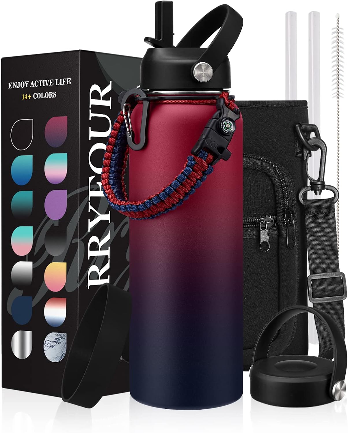 Amazon.com: Insulated Water Bottle 40oz with Straw - Paracord Handle ...