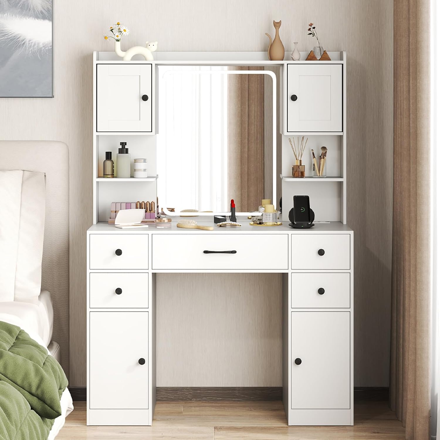 Amazon.com: CHARMAID Vanity Desk with Mirror and Lights, White Makeup ...