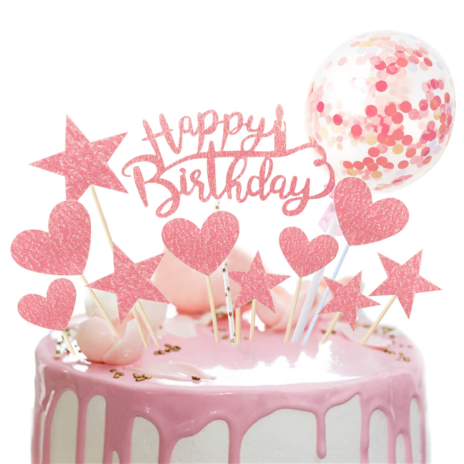 Gwawg Shiny Pink Cake Toppers Happy Birthday Cupcake Toppers 5 ...