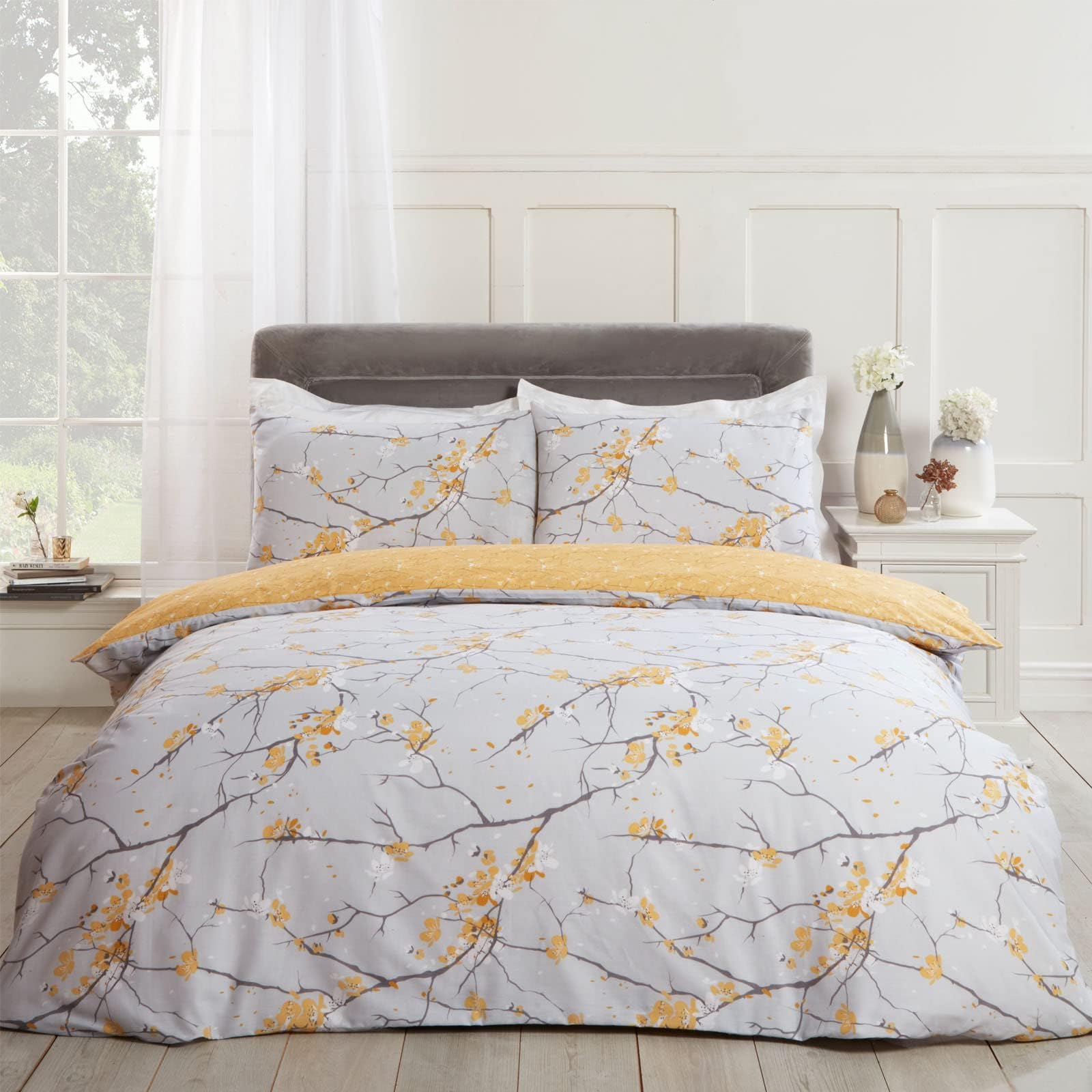 Dreamscene Bed Linen Set, Ochre Yellow Grey, King : Amazon.co.uk: Home ...