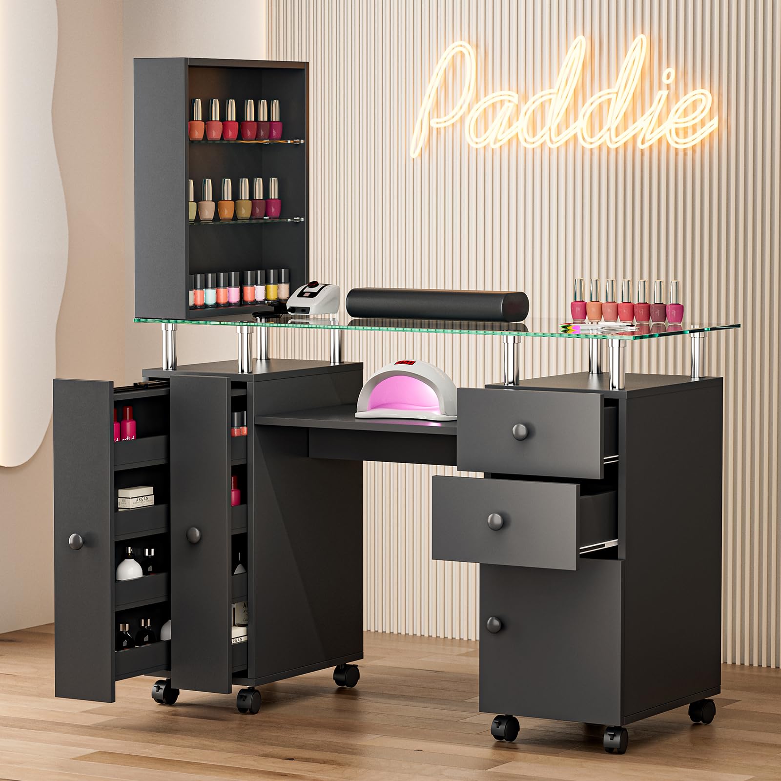 Paddie Manicure Table Nail Tech Table Glass Top Nail Desk | Desertcart ...