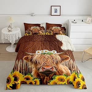 Amazon.com: Feelyou Cow Fur Comforter Set Kids Highland Cow Comforter for Boys Teens Botanical ...