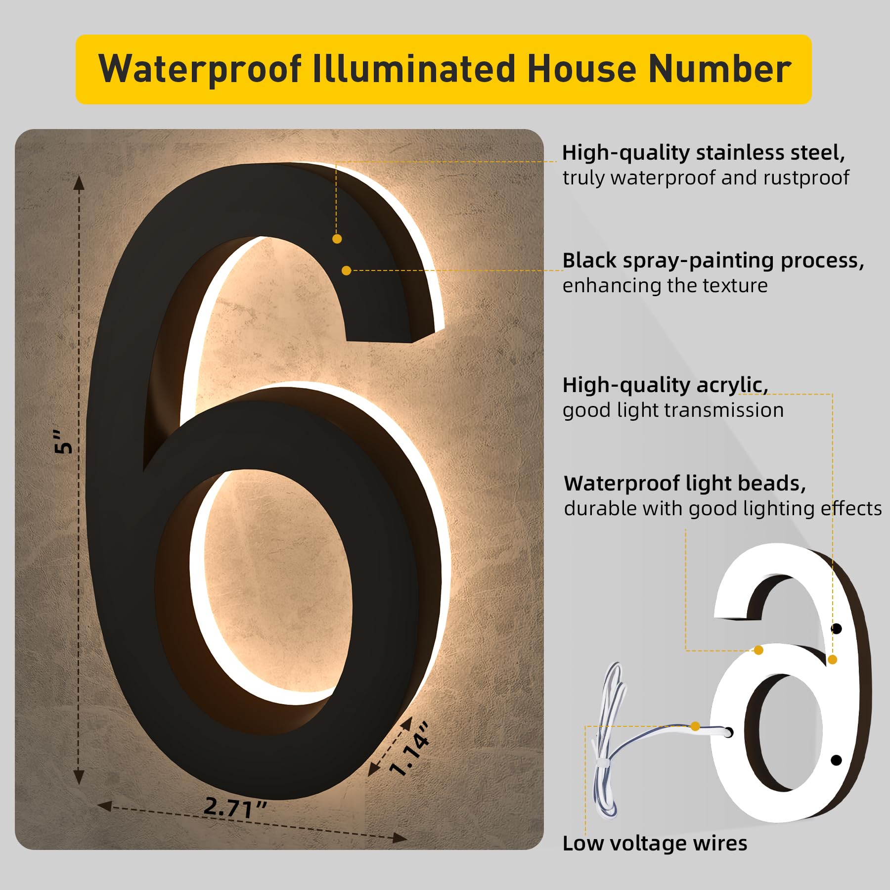 5 Inch Backlit LED House Numbers, Waterproof Stainless Steel, High ...