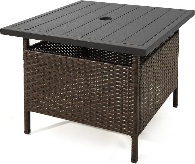 Tangkula Outdoor Wicker Table, Rattan Coffee Table with Umbrella Insert ...