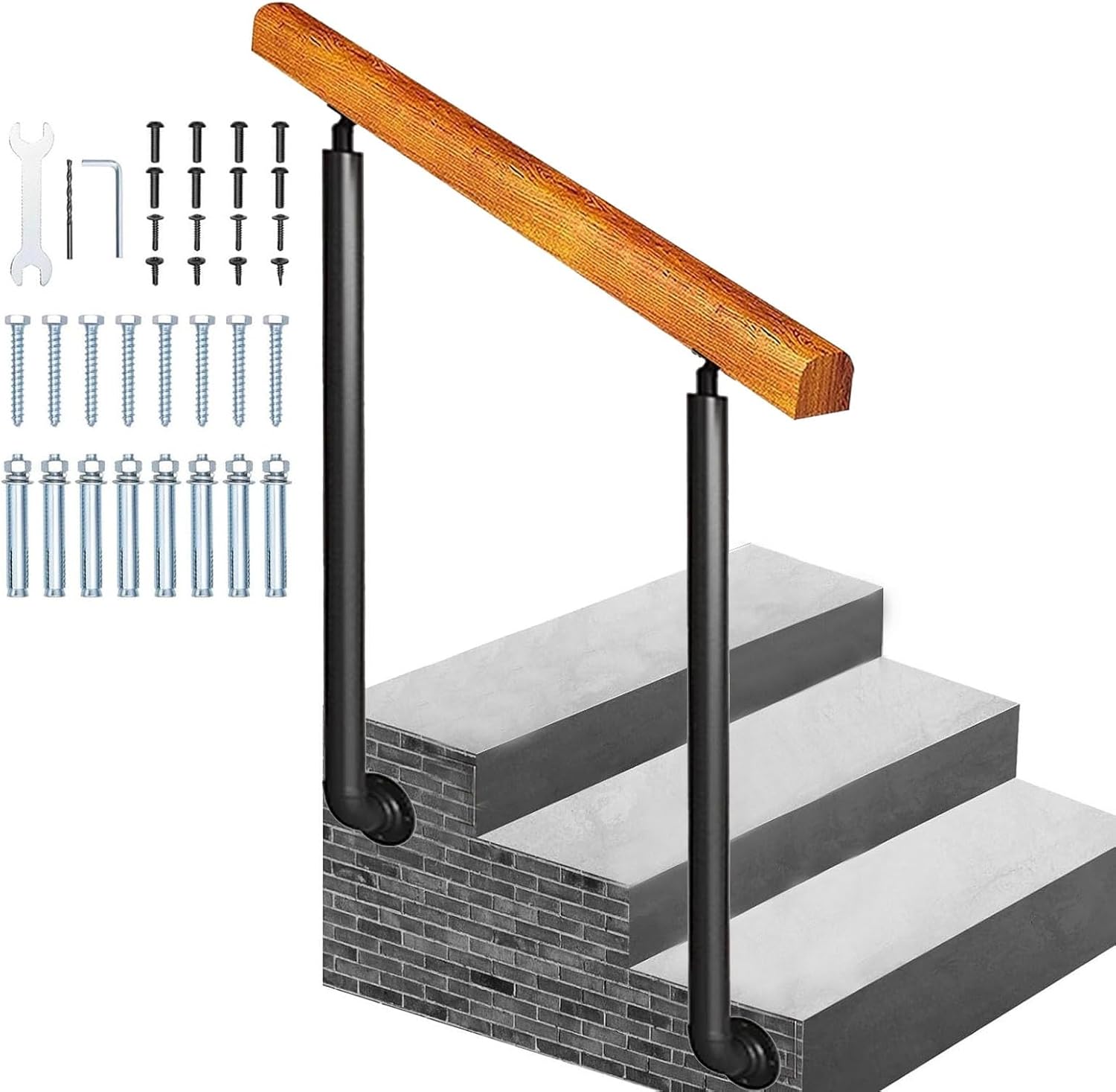 Amazon.com: 3 Steps Handrails for Outdoor Stair Side Mount, Wooden ...