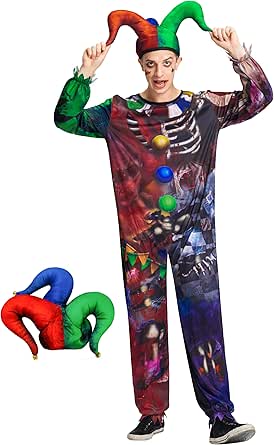 Amazon.com: Men Skeleton Clown Costume, Scary Jumpsuit Hat Ragged ...