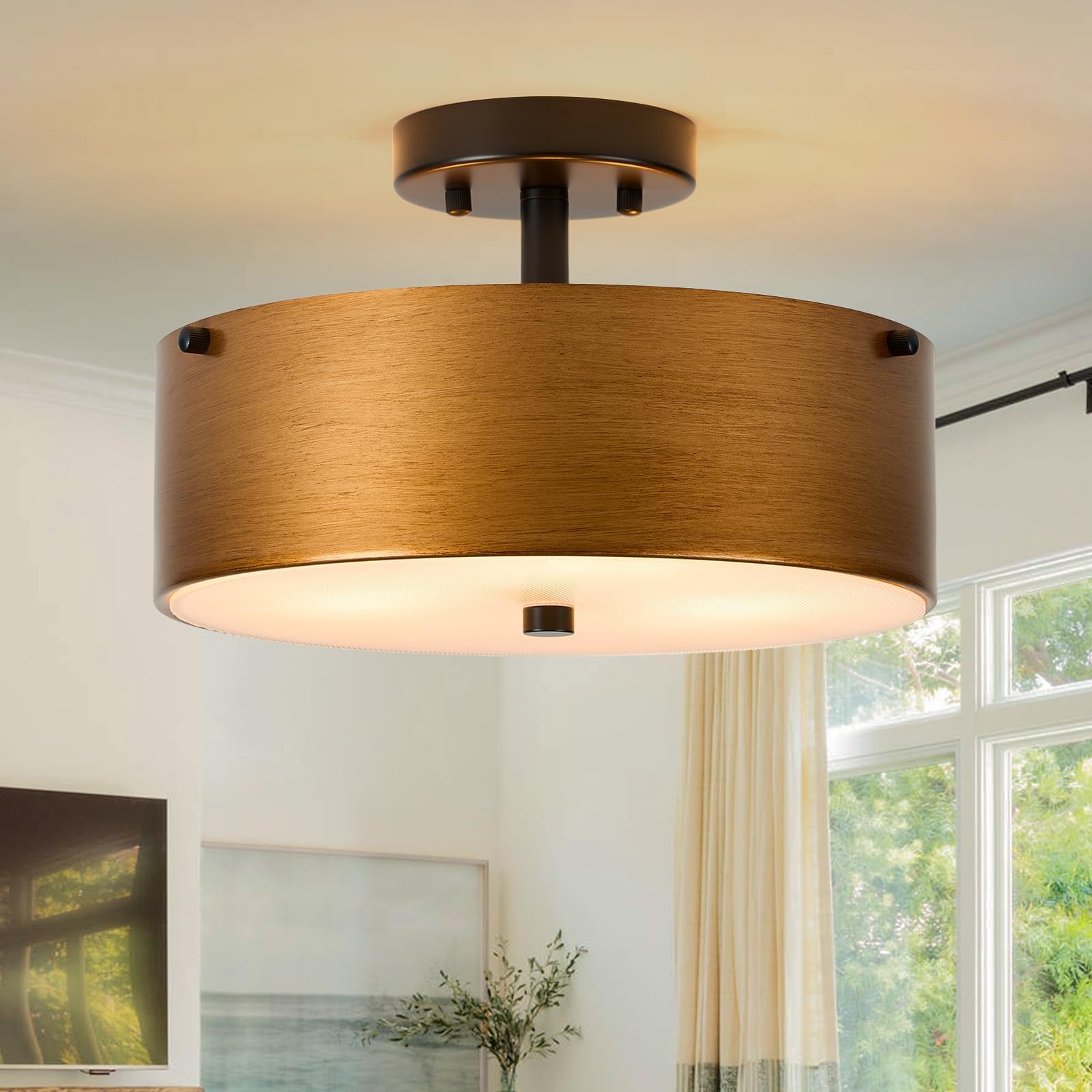 ACANER 12" Semi Flush Mount Ceiling Light Fixture, 3-Light Small Brass ...