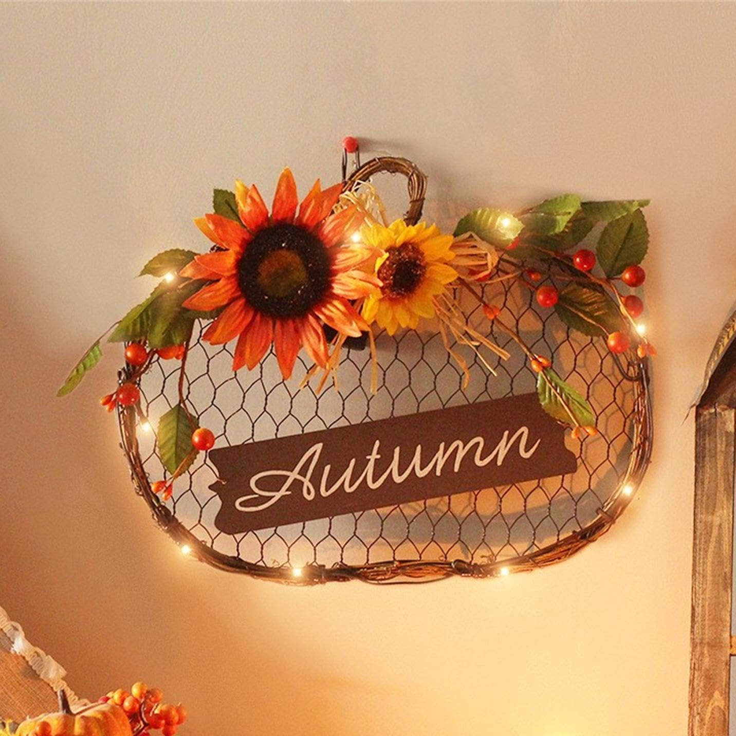 Fall Pumpkin Iron Wreath with Mini Berries Artificial Sunflower Leaf ...