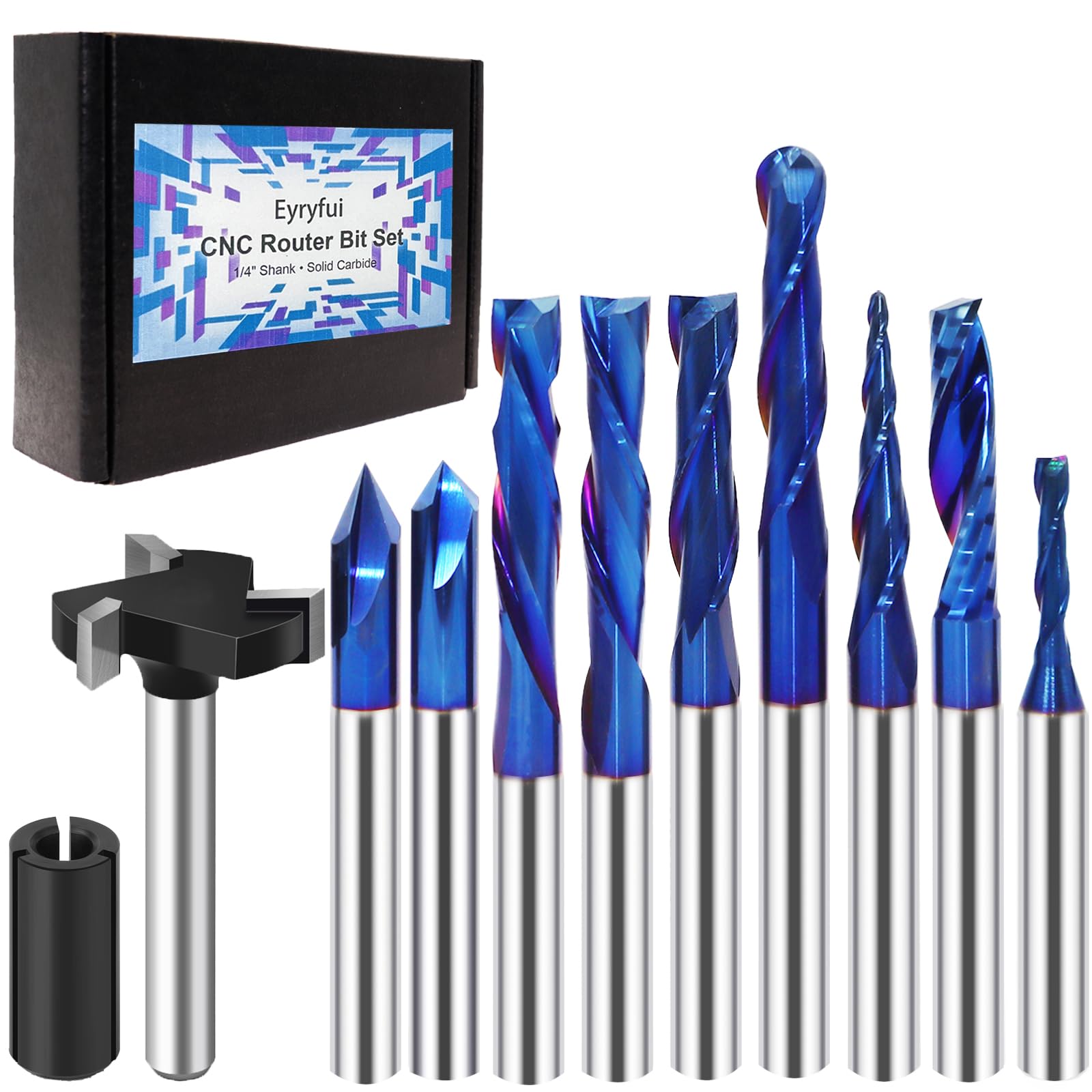 Eyryfui 10Pcs CNC Router Bits Set, 1/4" Shank Solid Carbide Multiple ...
