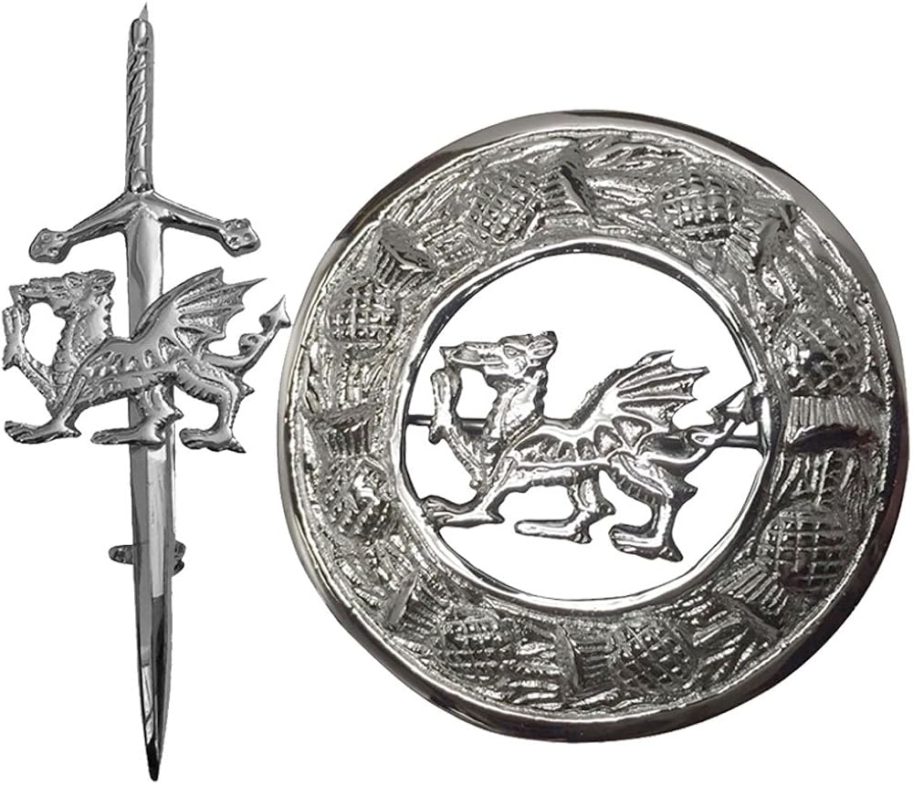 Celtic Welsh Dragon Kilt Pin & Brooch Chrome Finish 4" Scottish Fly ...