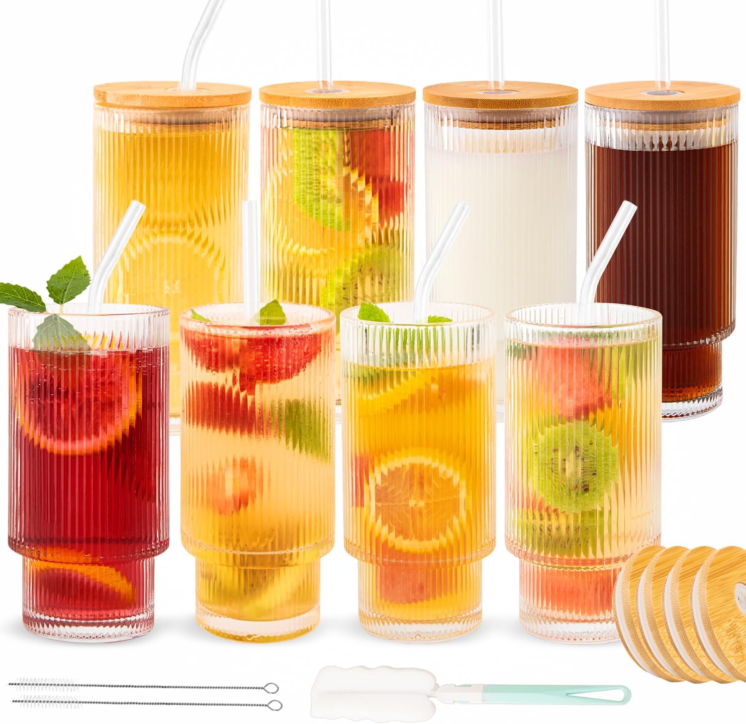 Amazon.com | SogYupk 8 Pcs 11oz Glass Cups With Lids and Strands ...