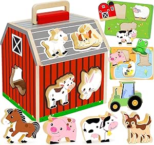 Fohouse Wooden Farm Animals Shape Sorter Toys, Take-Along Sorting Barn ...