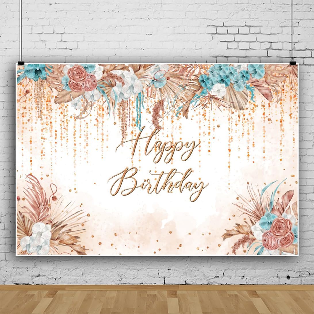 Amazon.com : Vinyl 15x10ft Boho Birthday Backdrop Bohemian Pink Blue ...