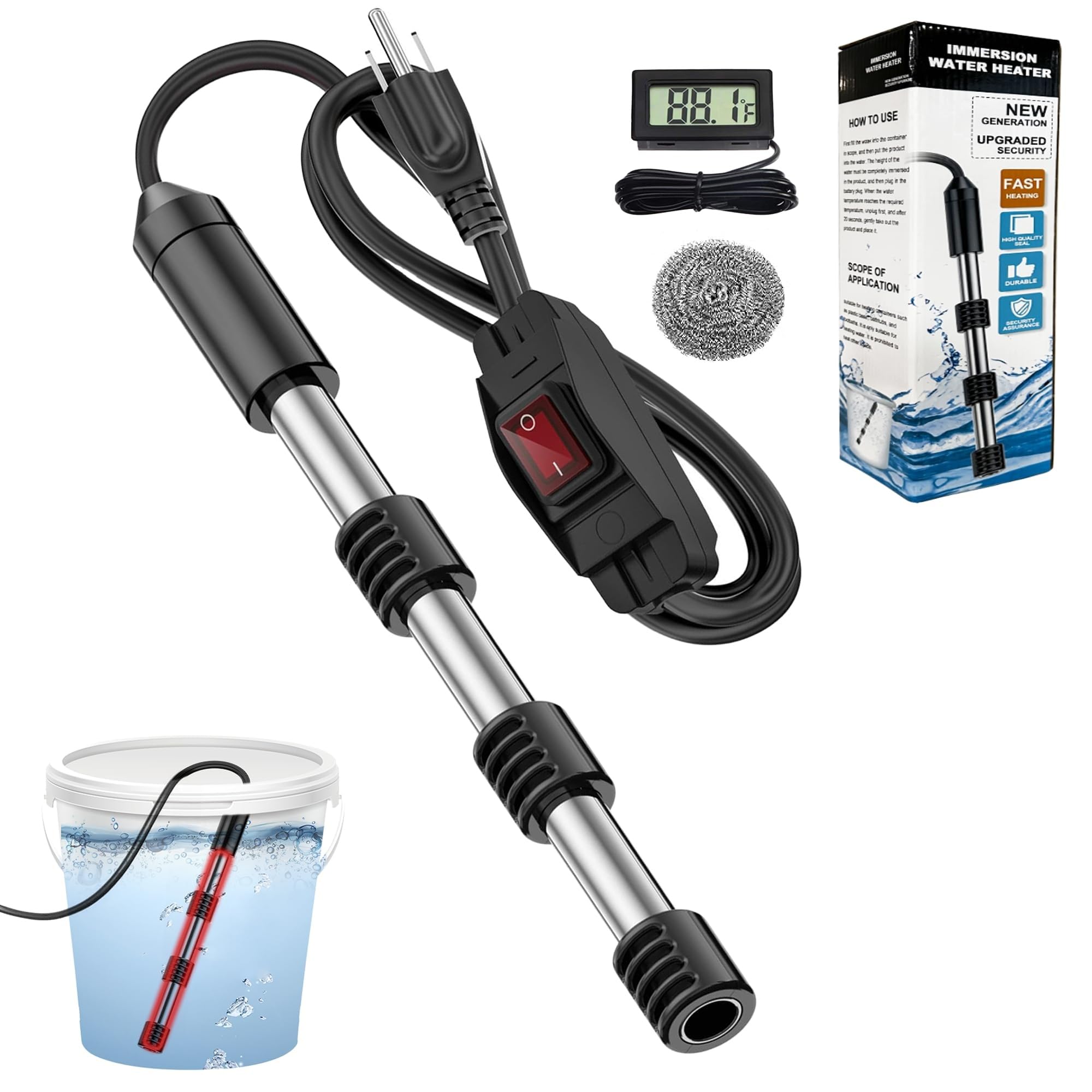 Immersion Water Heater for Bathtub with Switch and LCD Thermometer for ...