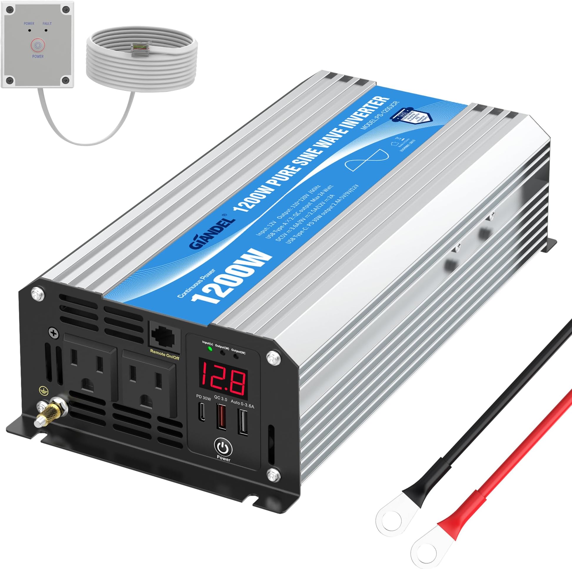 Power Inverter Pure Sine Wave 1200 Watt 12V DC to 120V Lithium Battery ...