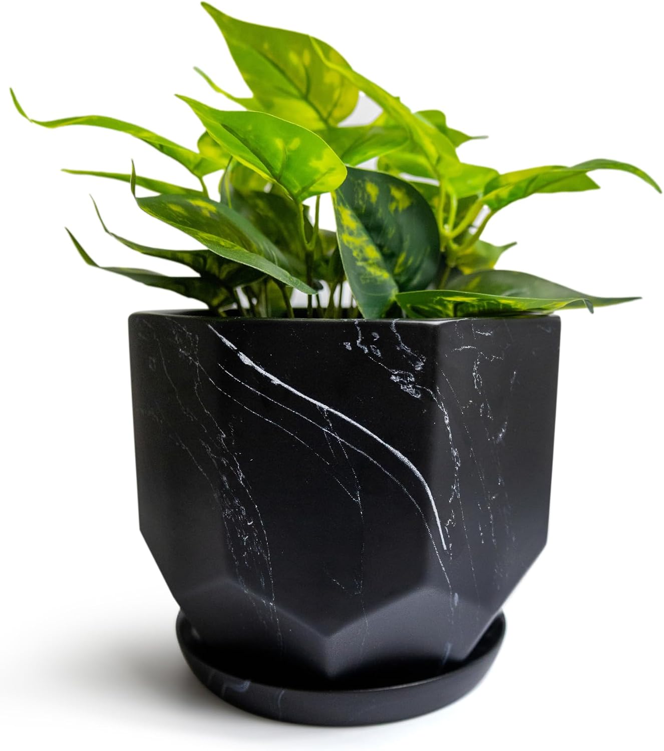 FINESTIC Large Marble Black Plant Pot with Drainage Holes and Saucers ...
