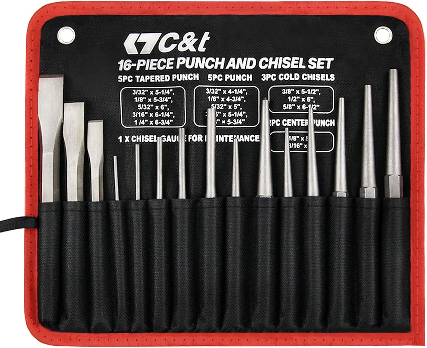 C&T 16-Piece Punch and Chisel Set With Storage Pouch, Including Taper ...