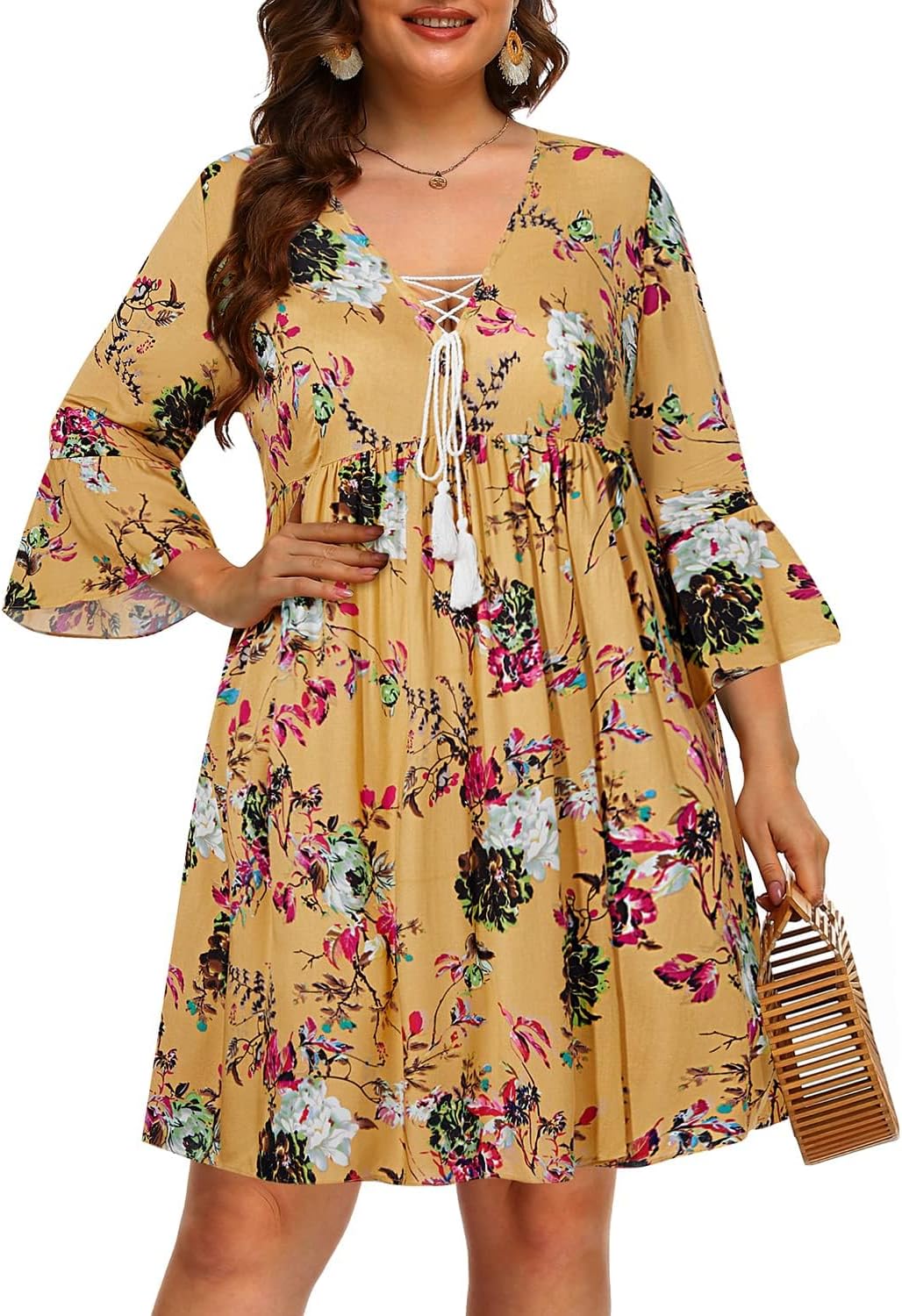 Women's Plus Size Boho Dress Floral V Neck Tassel Bell Sleeve Casual ...