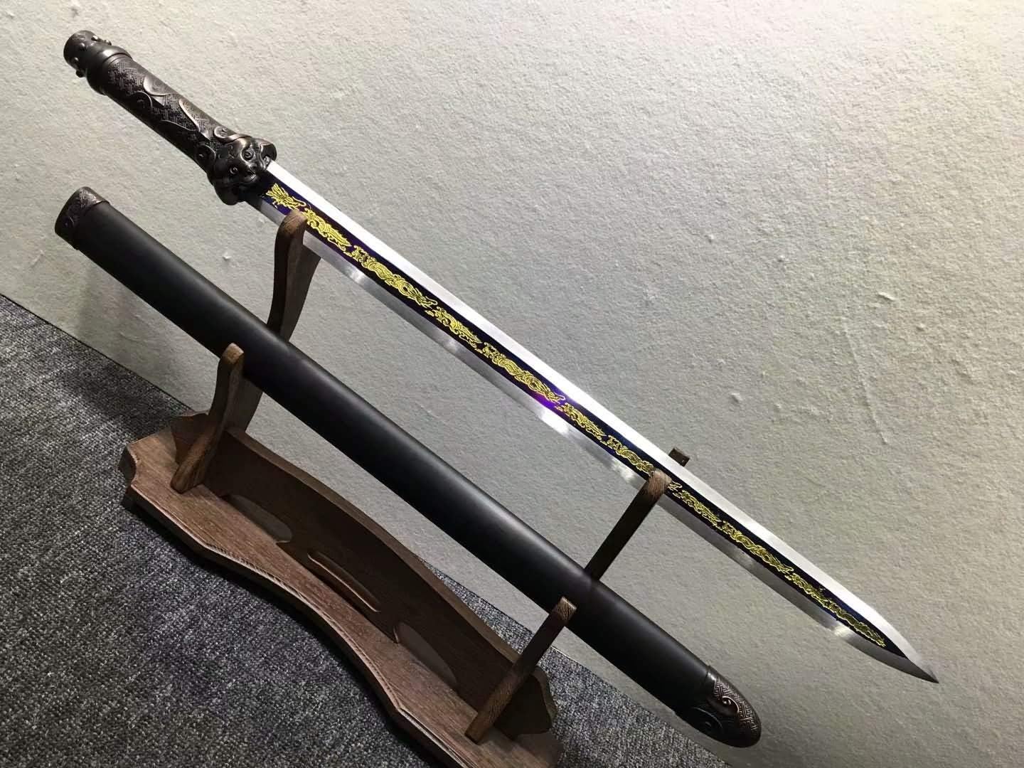 Lin sword,Straight Sword,Hand Forged,High Carbon Steel Blue Blade,Black ...