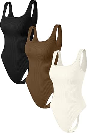 OQQ Women's 3 Piece Bodysuits Sexy Ribbed Sleeveless Square Neck ...