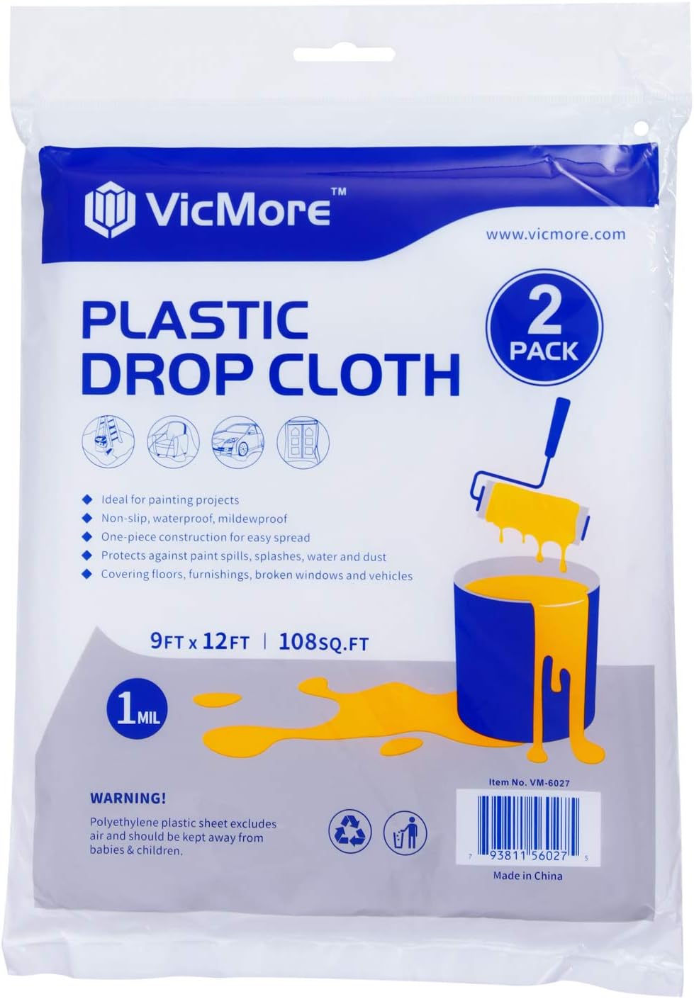 VicMore Clear Plastic Drop Cloth 2-Pack, 9x12ft, Waterproof Tarp for ...