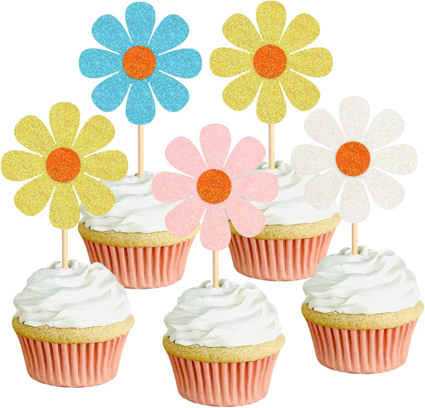 Amazon.com: Keaziu 24Pcs Colorful Daisy Cupcake Toppers White Pink Blue ...