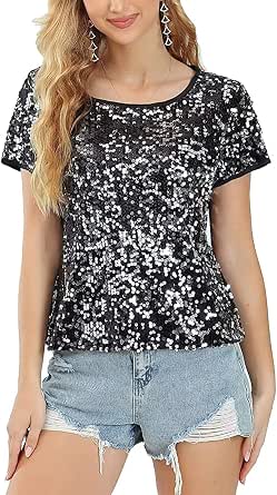Women's Full Sequin Tops Sparkle Short Sleeve Shirt Glitter Party Club ...