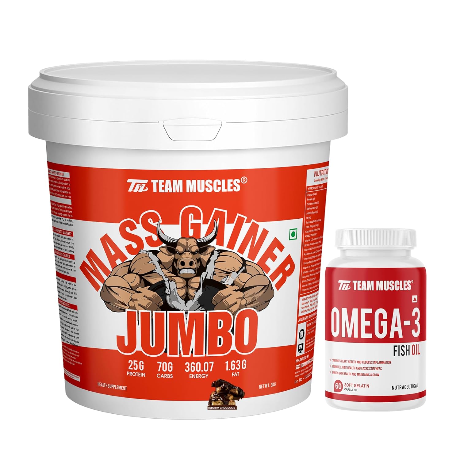 Team Muscles Jumbo Mass Gainer-3Kg With Omega Fish Oil 60 soft Gelatine ...