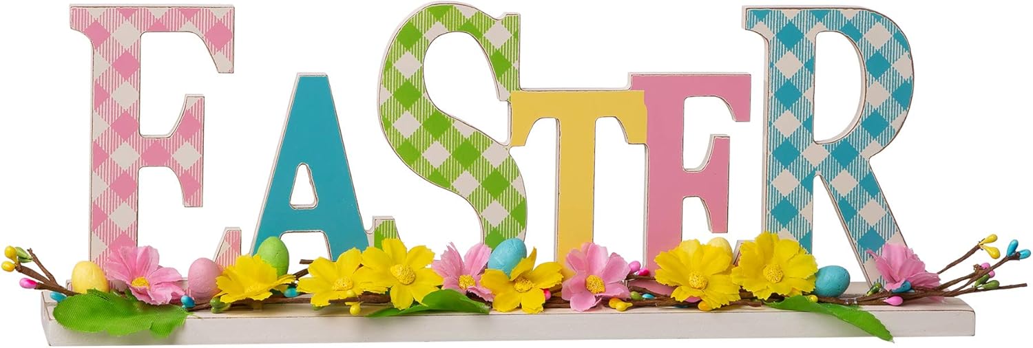Amazon.com: Glitzhome Plaid Wooden Easter Table Sign Decor with Flowers ...