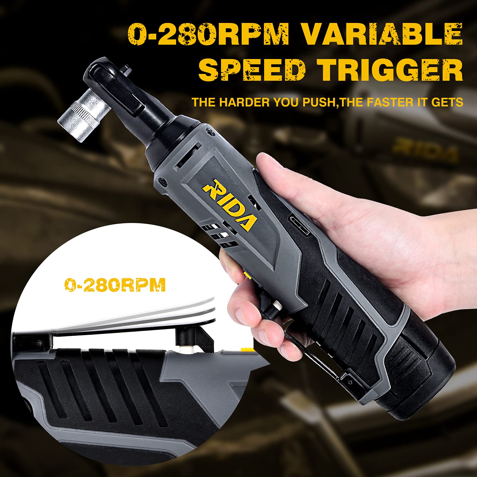 RIDA Cordless Electric Ratchet Wrench 3/8'' 460In-lbs 400 RPM 12V Power ...